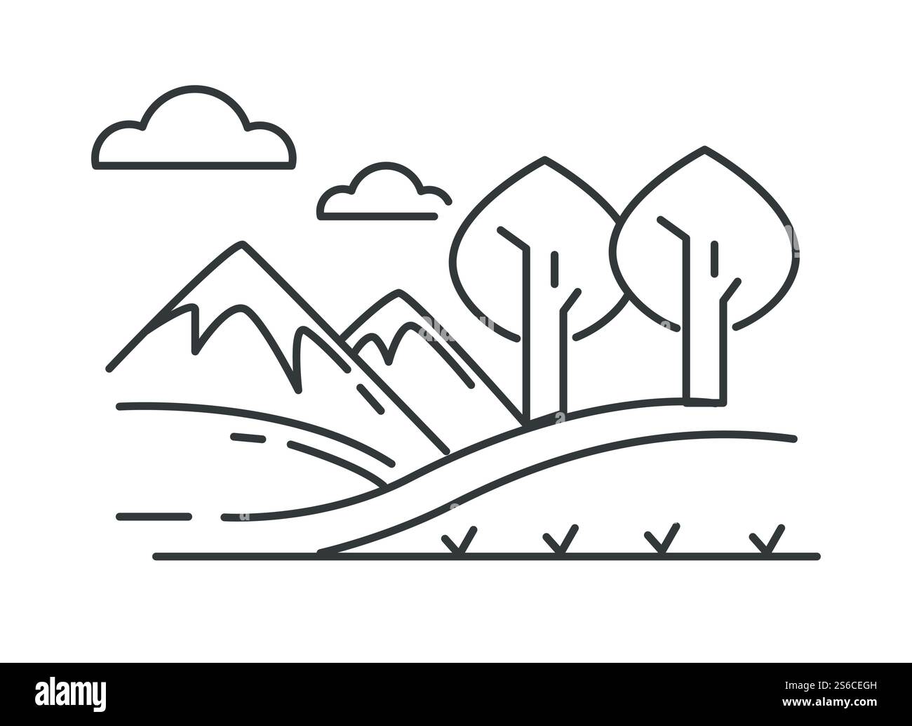 Nature and environment, mountains and hills, trees outline sketch ...