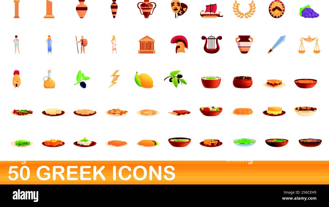 50 greek icons set. Cartoon illustration of 50 greek icons vector set ...