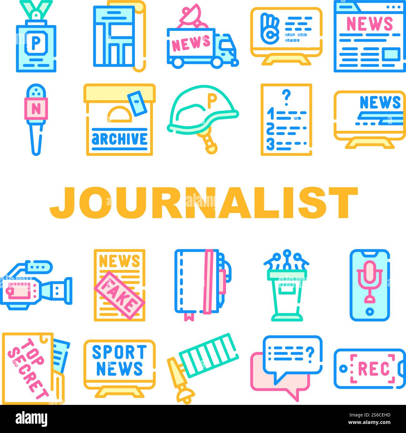 Journalist Accessories Collection Icons Set Vector. Journalist Badge ...