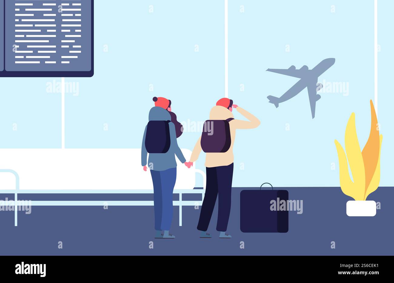 Be late for flight. Passengers and flying away plane vector ...