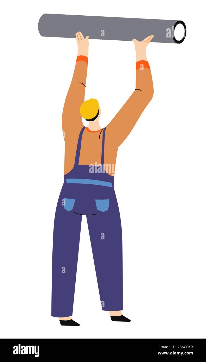 Construction works and building, man with balk, tube or pipe vector ...