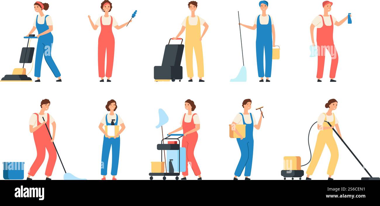 Cleaning service workers. Male female cleaner housemaids mop floor ...
