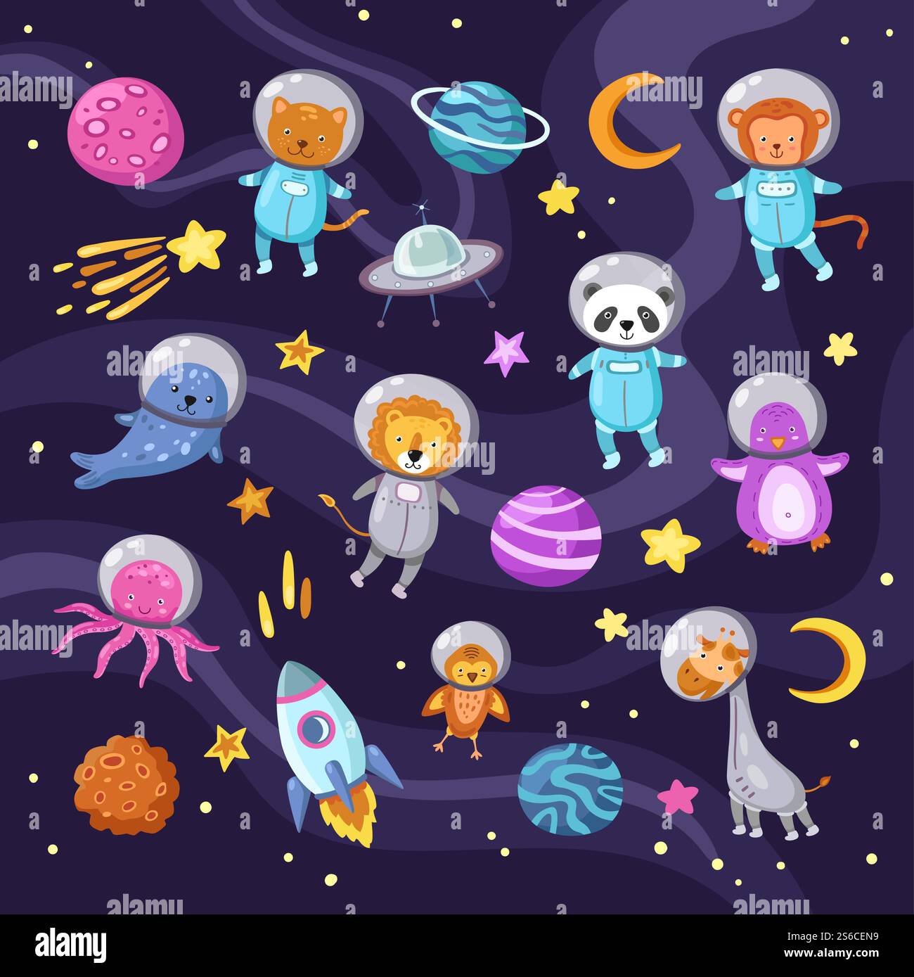 Space animals. Cute baby animal panda cat lion giraffe monkey octopus ...