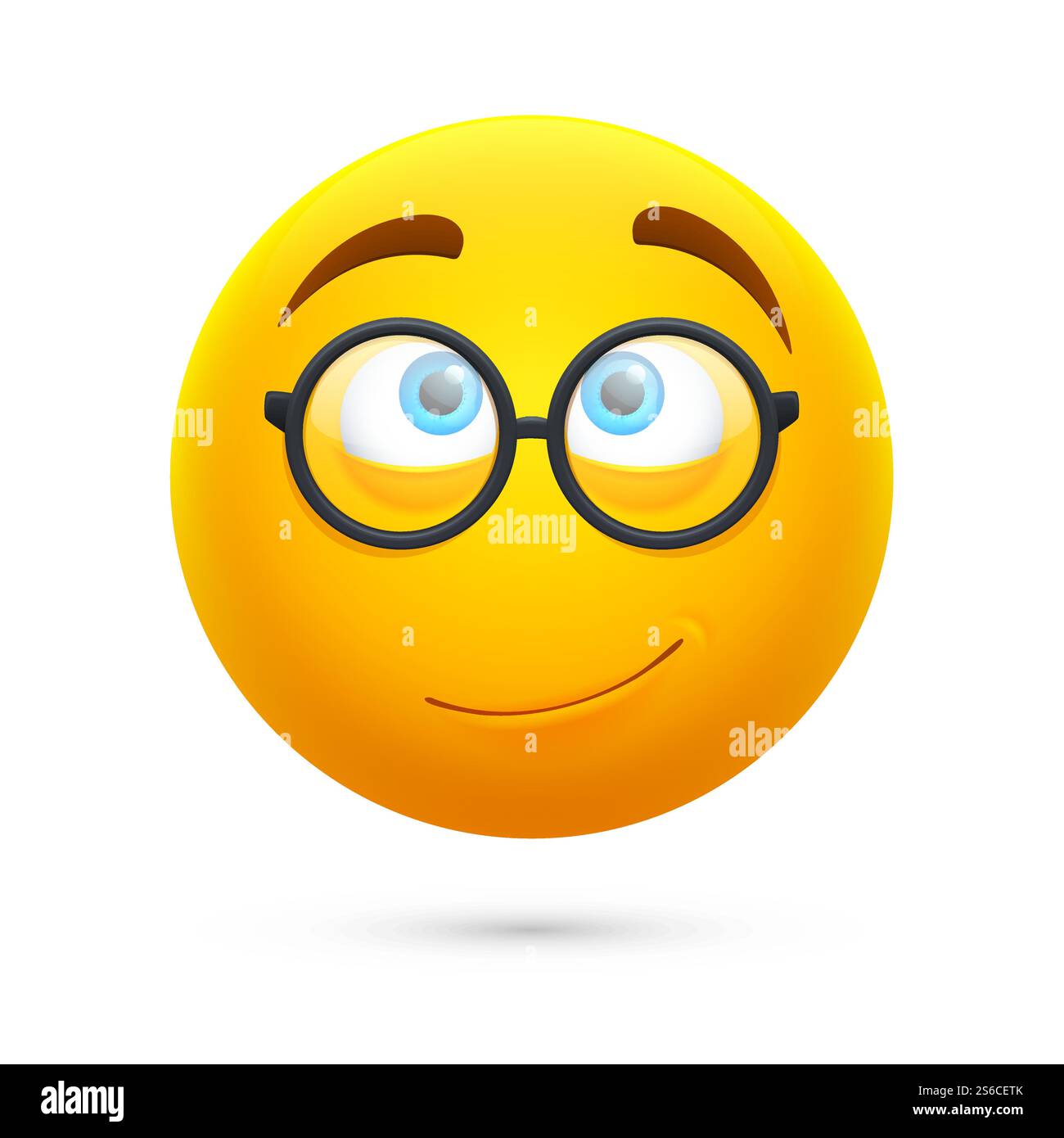 Cartoon yellow 3d smiley face. Cute geek vector emoji isolated on white ...