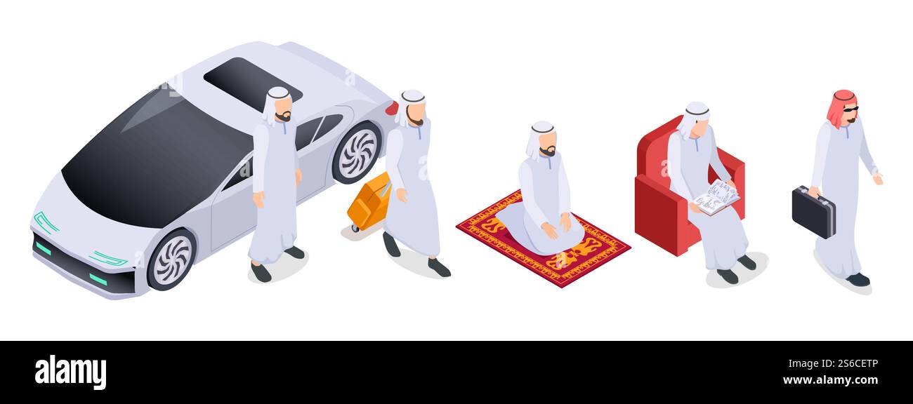 Muslim isometric. Arab 3d people, saudi businessmen in traditional ...