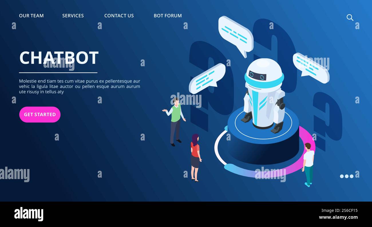 Chatbot landing page. Isometric AI robot with people. Artificial intelligence vector web banner ...