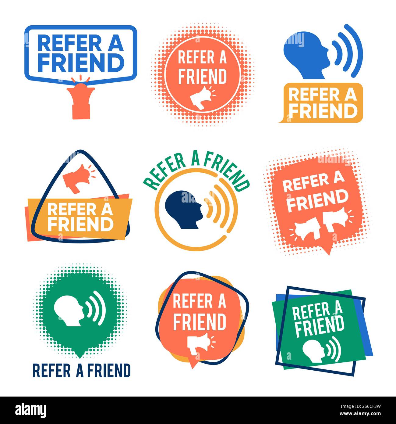 Refer a friends banners vector set. Referral program labels isolated on white background ...