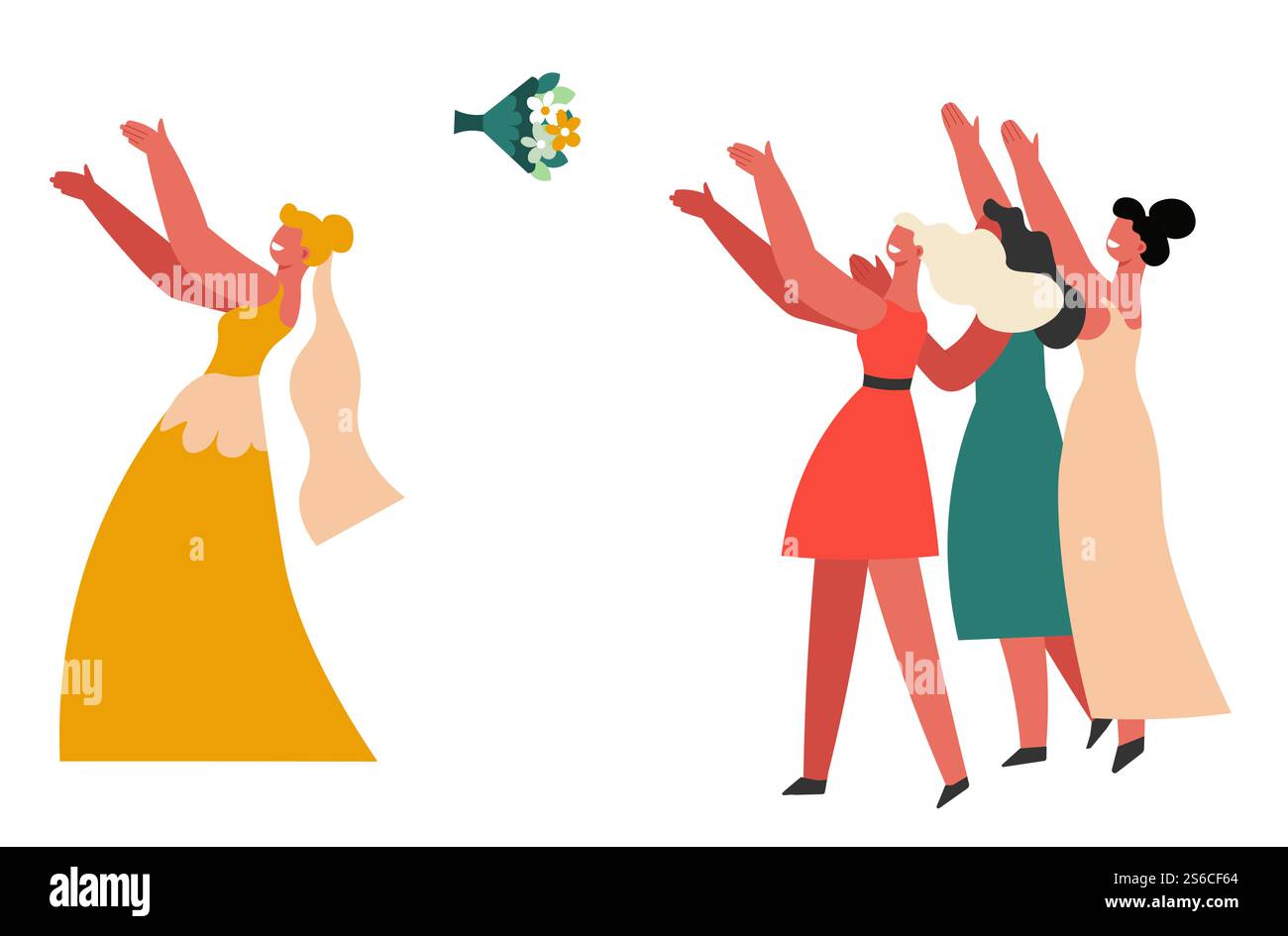 Marriage ceremony, wedding day, bride and bridesmaids vector. Bridal ...
