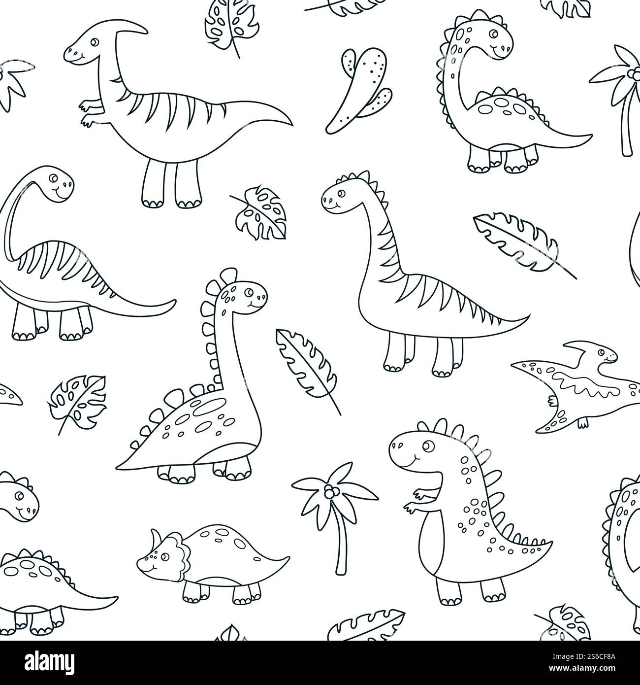 Dinosaur outline seamless pattern. Cute baby dino funny brontosaurus ...