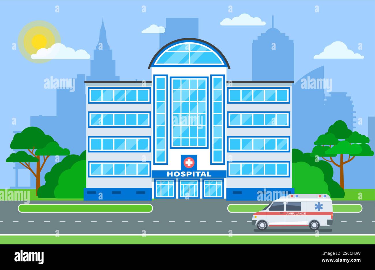 Hospital building. Medical department exterior with ambulance in city ...