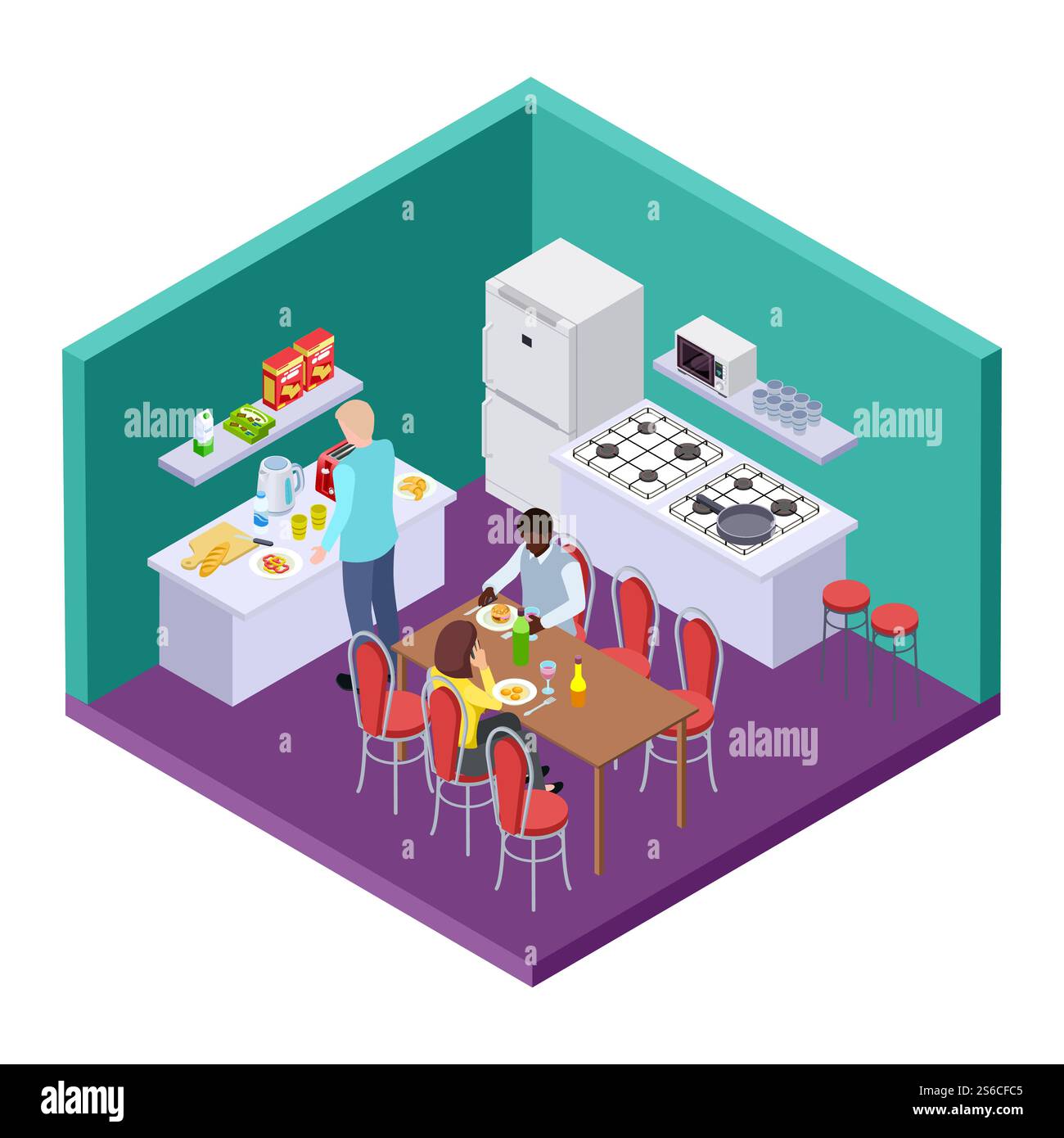 Shared kitchen in an international hostel isometric vector location ...