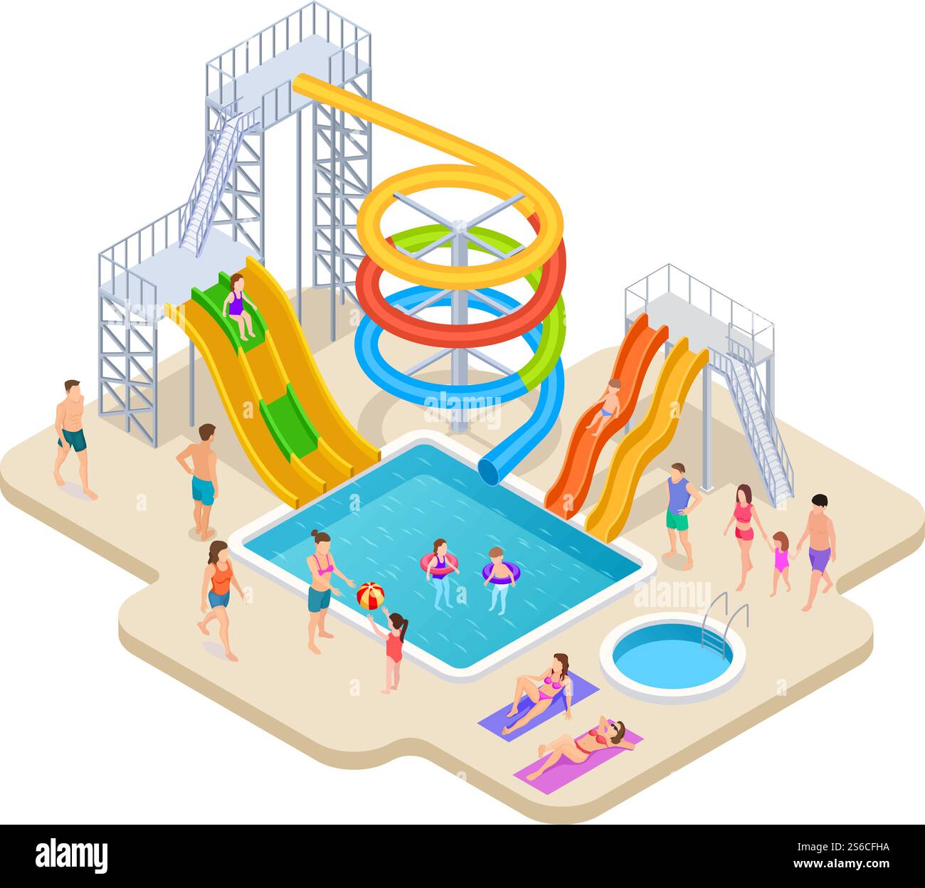 Water park isometric. Aquapark kids slide waterslide aqua recreation summer activities swimming ...