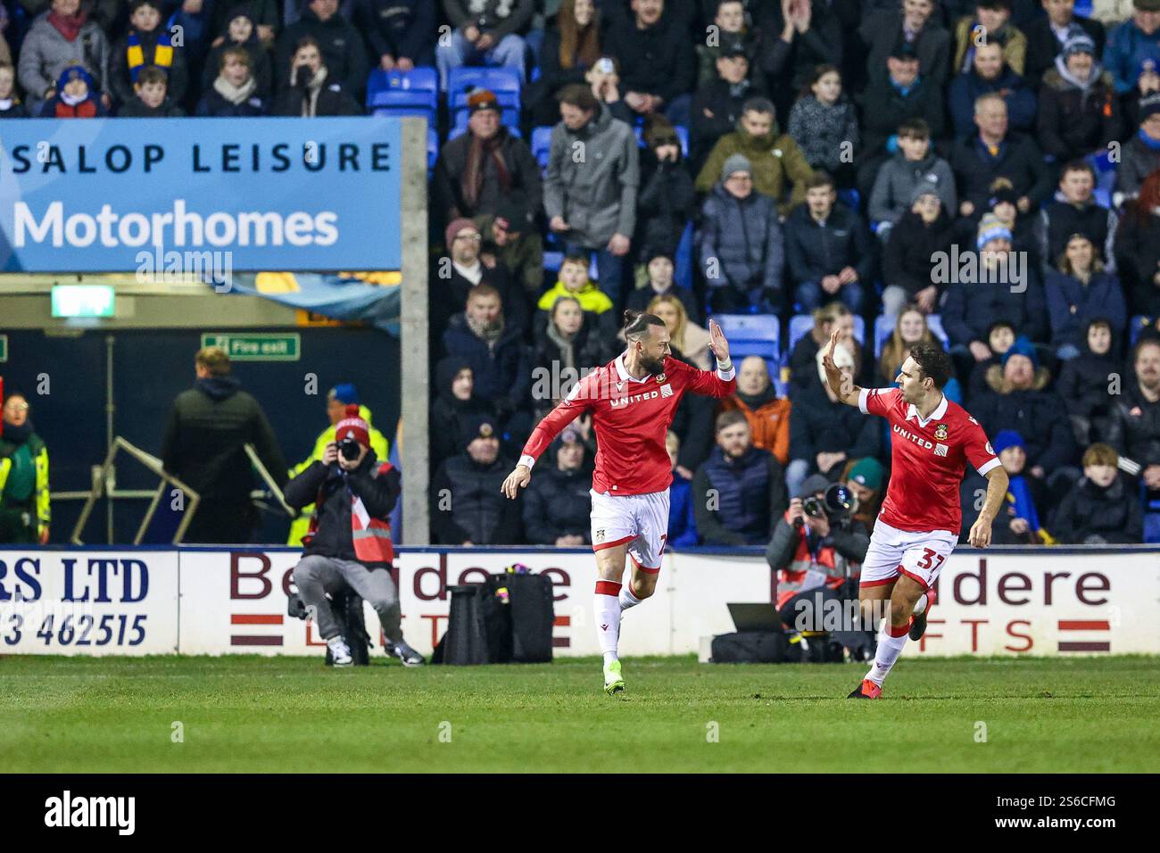 #26, Steven Fletcher of Wrexham (left) is congratulated for his goal by ...