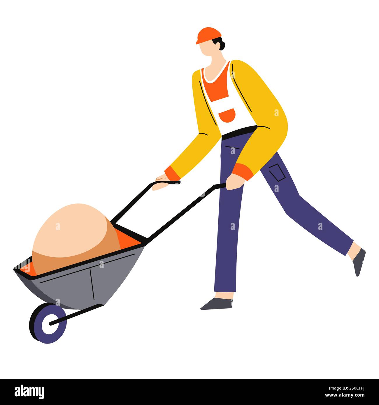 Building or construction works, man pushing wheelbarrow with sand ...