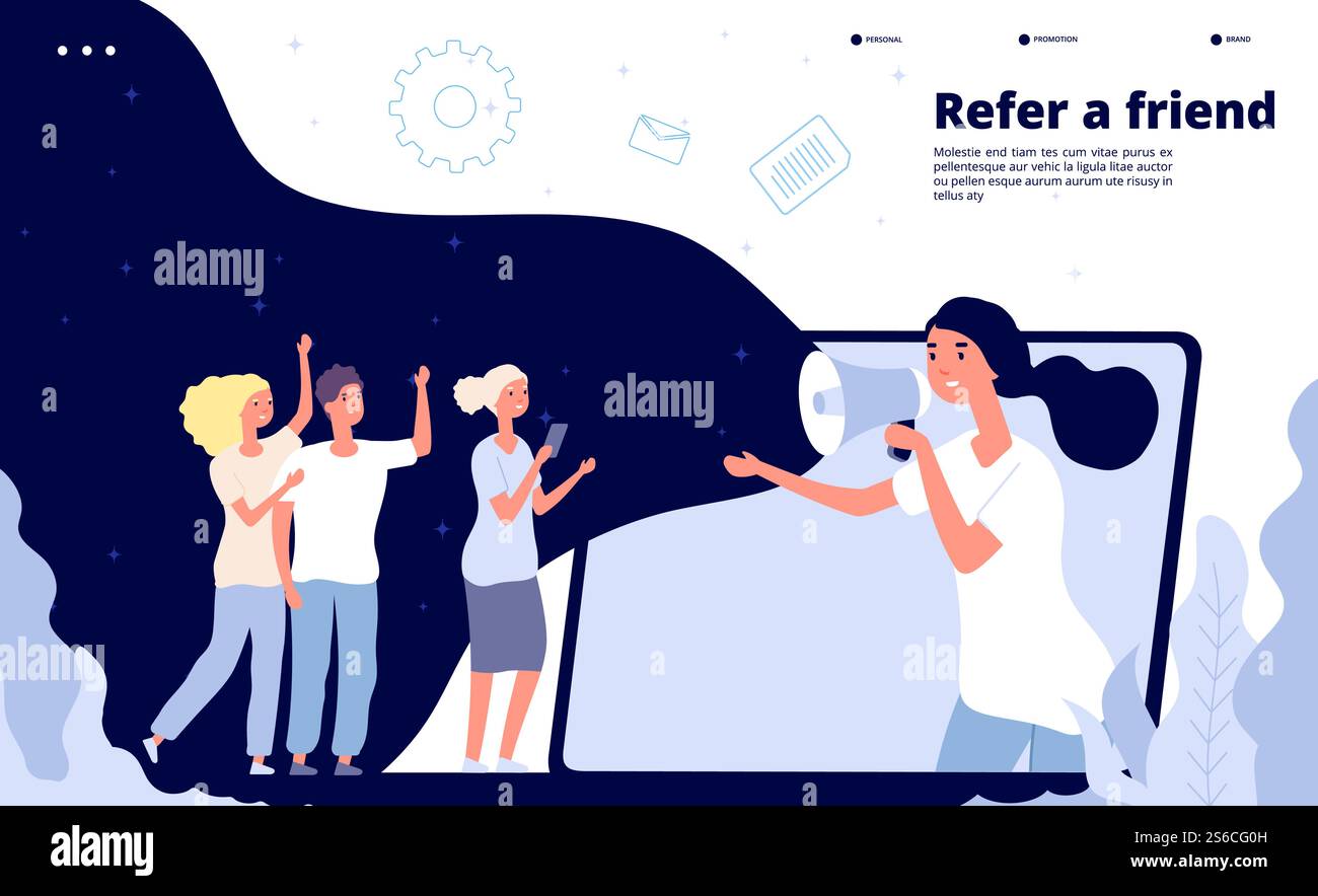 Refer a friend. People shouting on megaphone friendly buzzing, friends ...