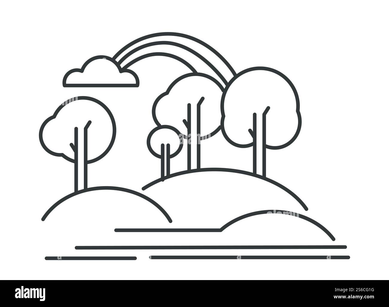 Nature and environment, rainbow and hills, trees outline sketch vector ...