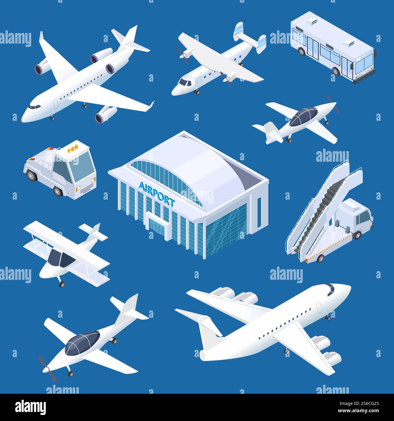 Isometric airport building, airplaines and transport at the airport ...