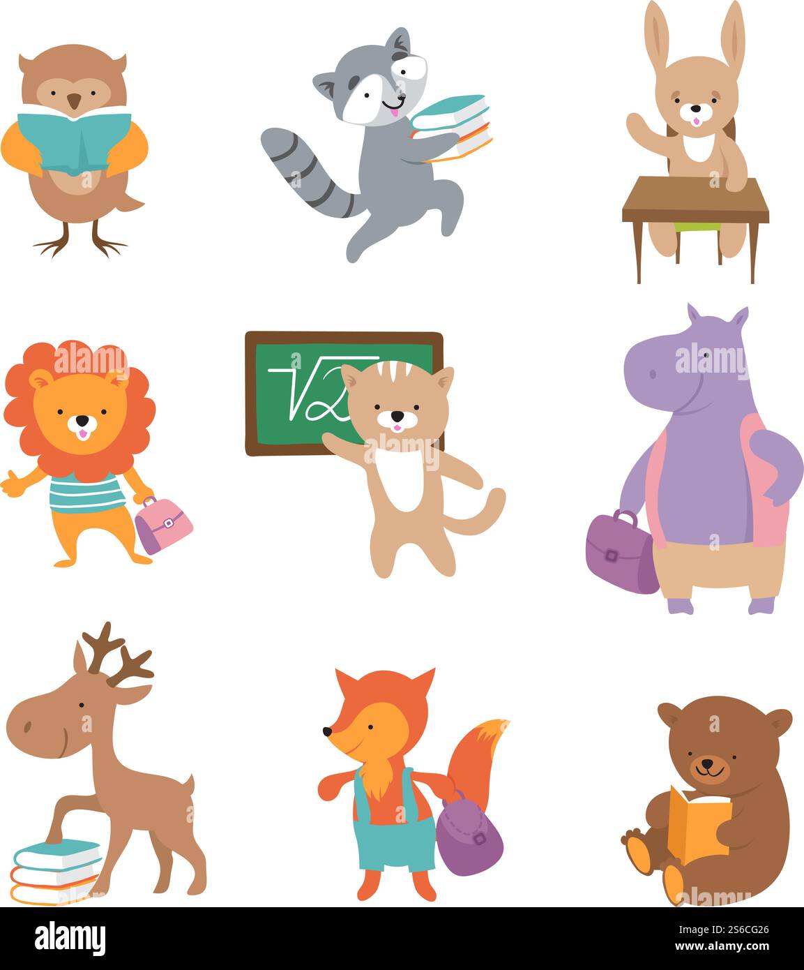 Cute school animals. Bear raccoon lion hare hippo fox, pupils with ...