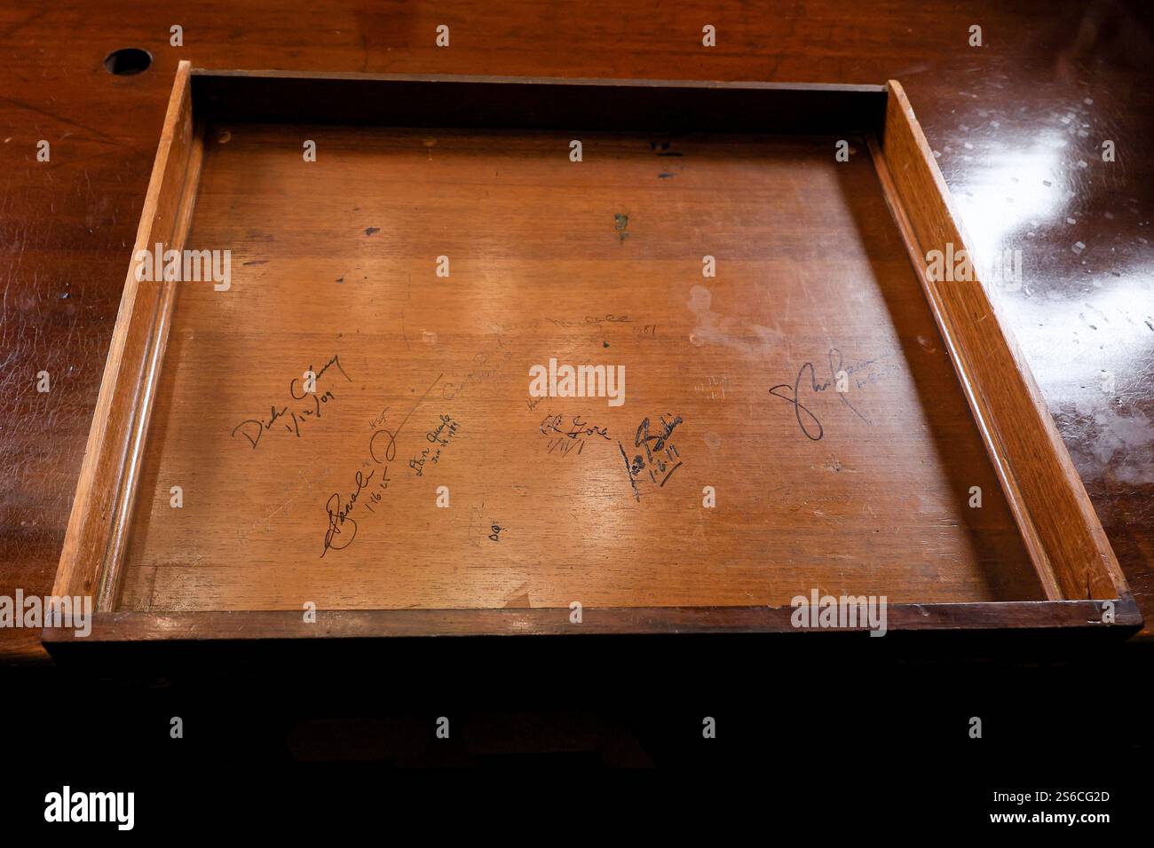 A view of the ceremonial desk drawer signed by Vice President Kamala ...