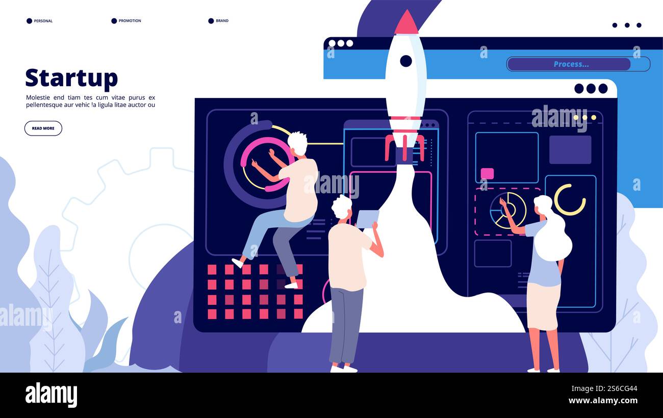 Startup landing. People successful launch spaceship rocket, start new ...