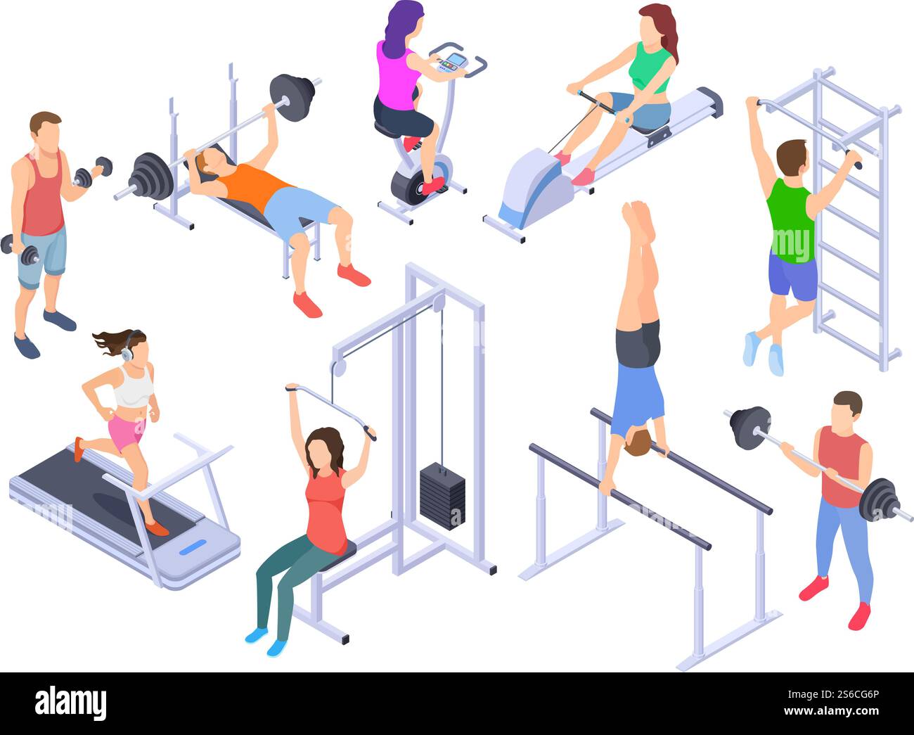 Gym isometric. Fitness people training, physical workout exercise. Young human coach, sports ...