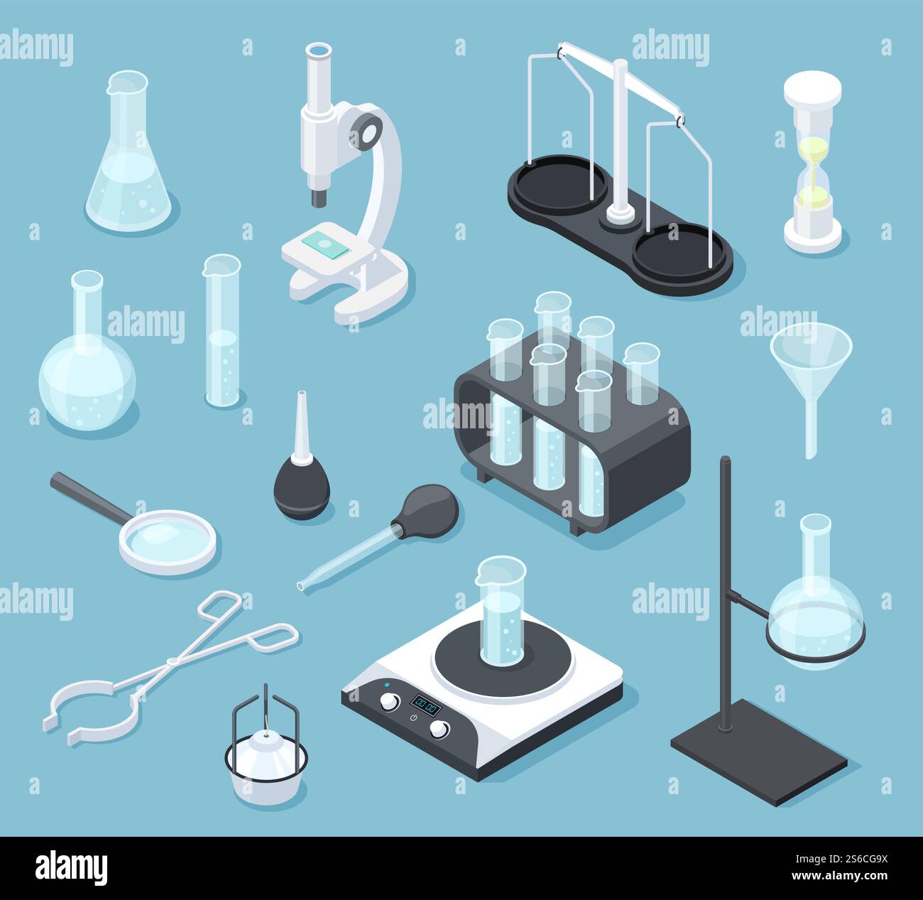 Chemical laboratory equipment isometric. Lab glasses drug testing ...