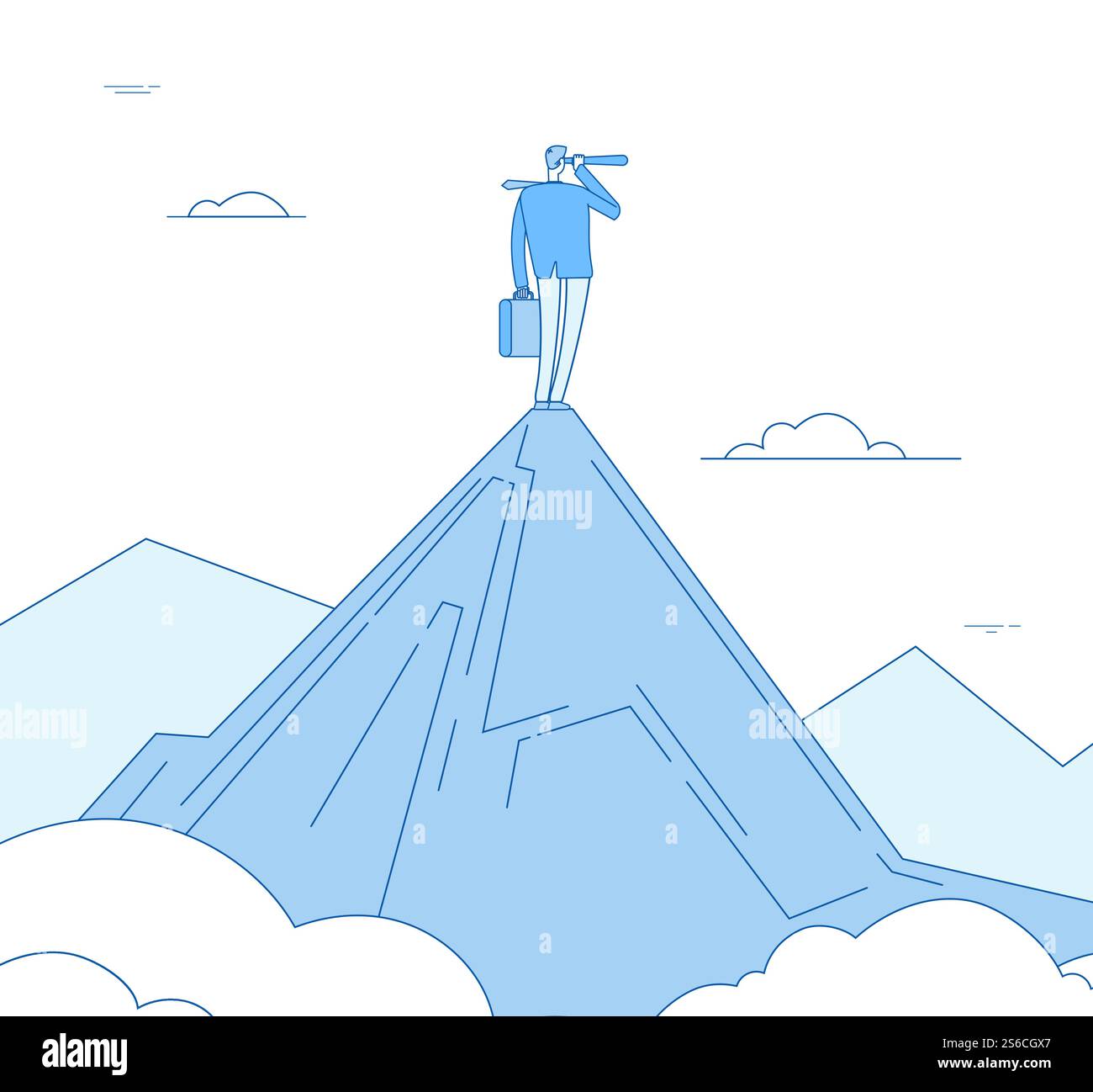 Vision concept. Businessman standing on mountain peak looking with ...