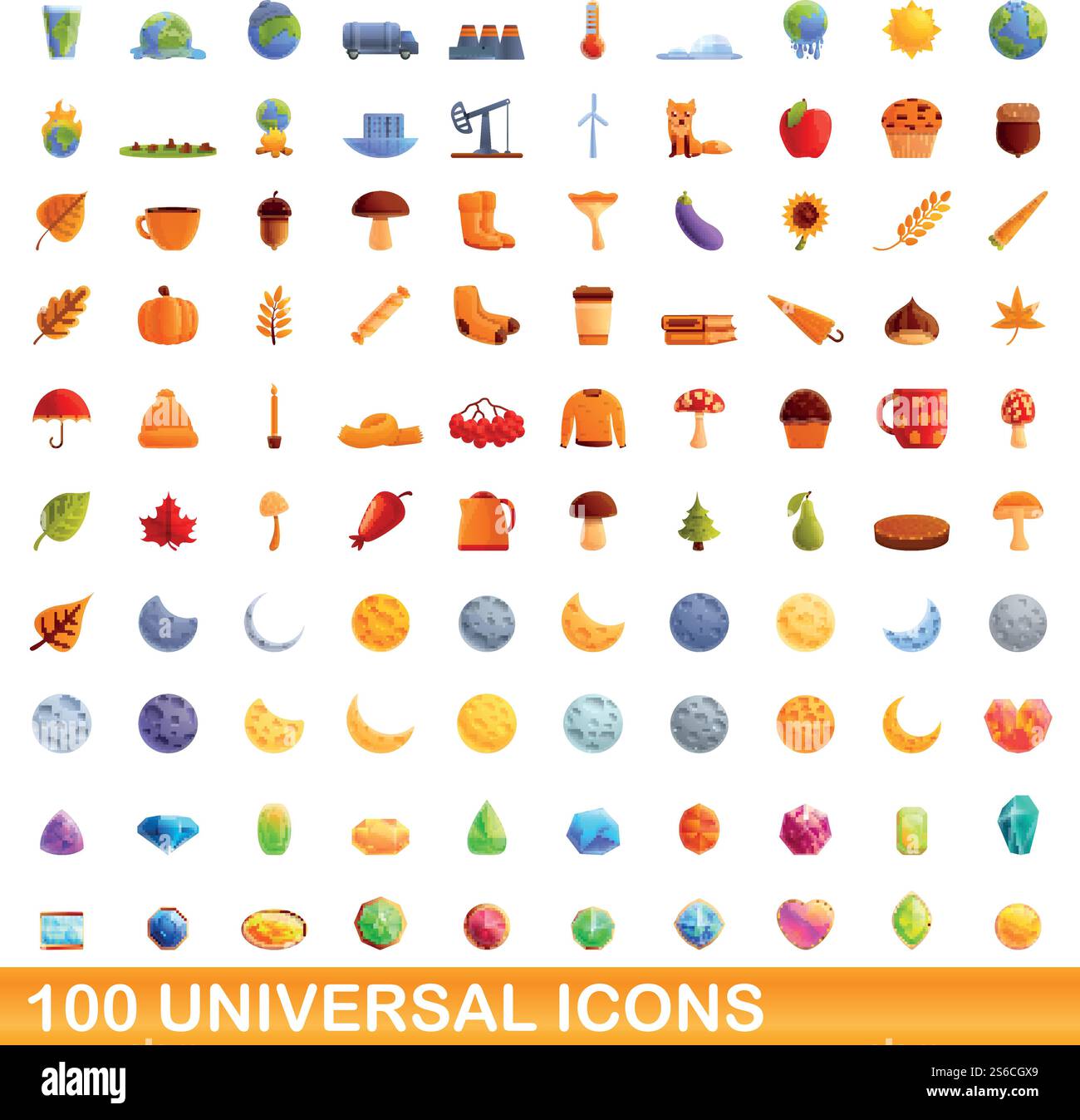 100 universal icons set. Cartoon illustration of 100 universal icons ...