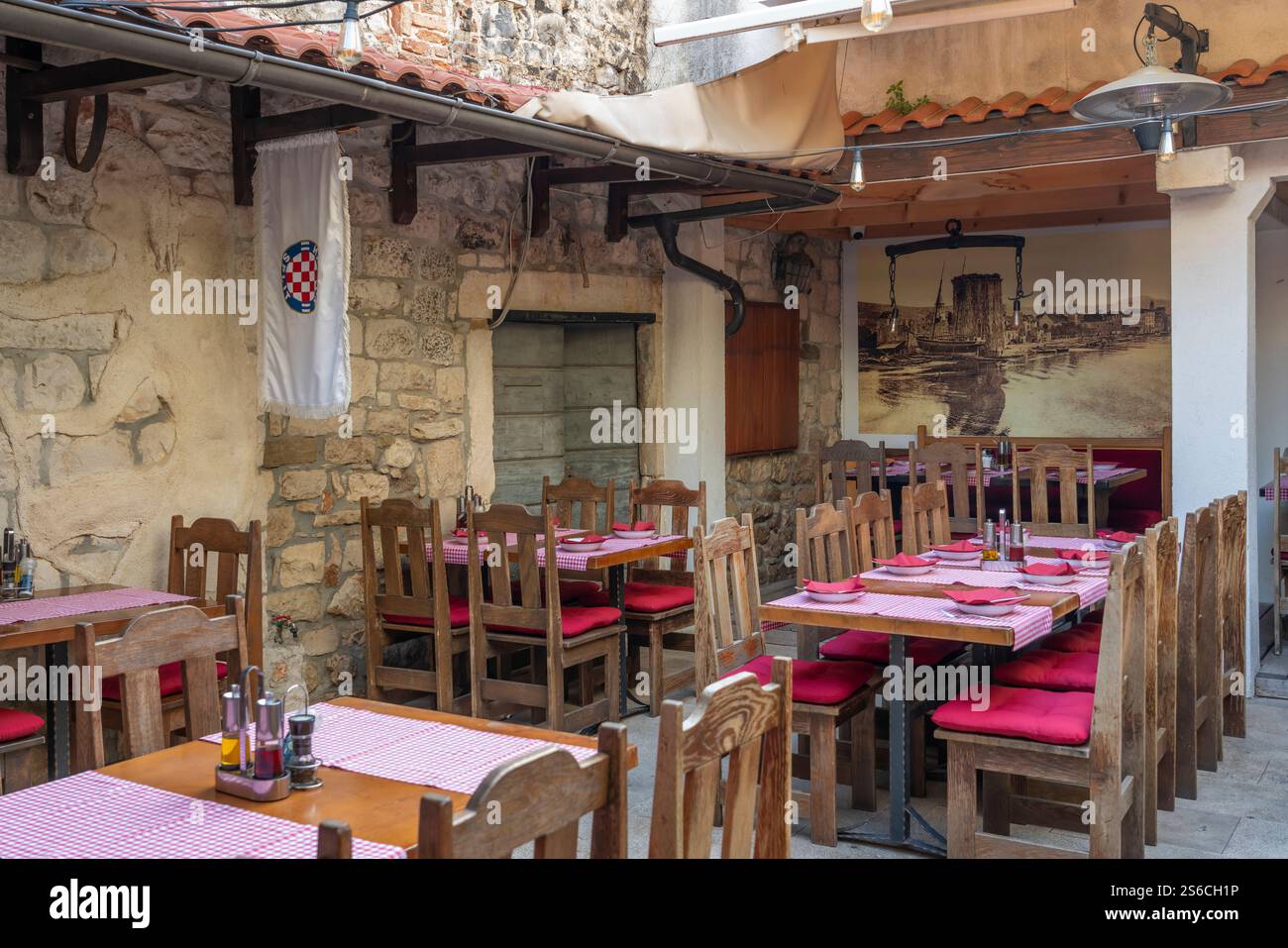 Old town shops and restaurants in Trogir, Croatia, Europe Stock Photo ...