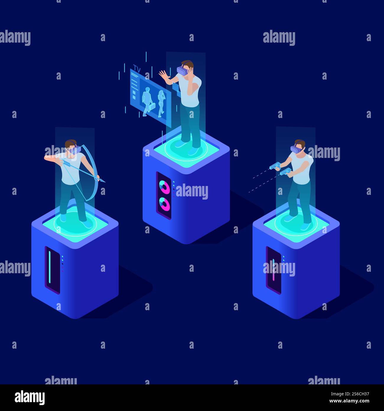 People in virtual reality. Man and simulation equipment. 3d isometric ...