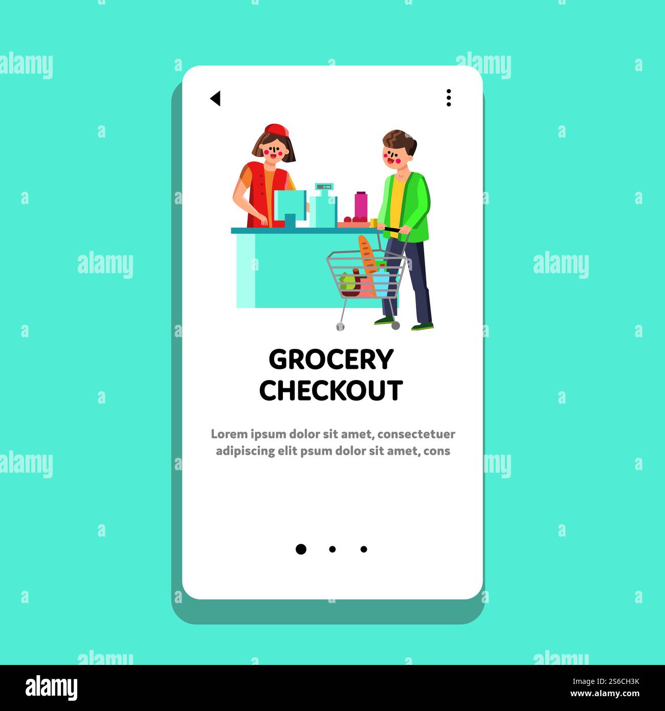 Grocery Checkout Cashier Selling Products Vector. Man With Food And ...