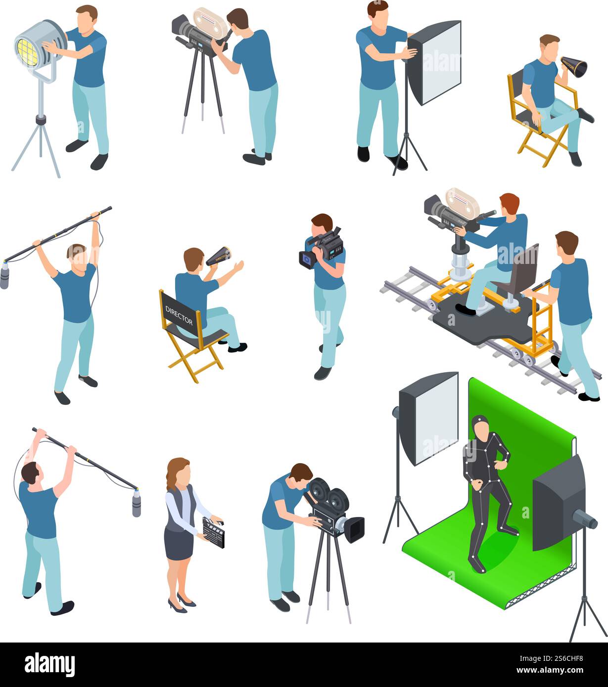 Cinematograph isometric set. People work camera light crew movie video ...