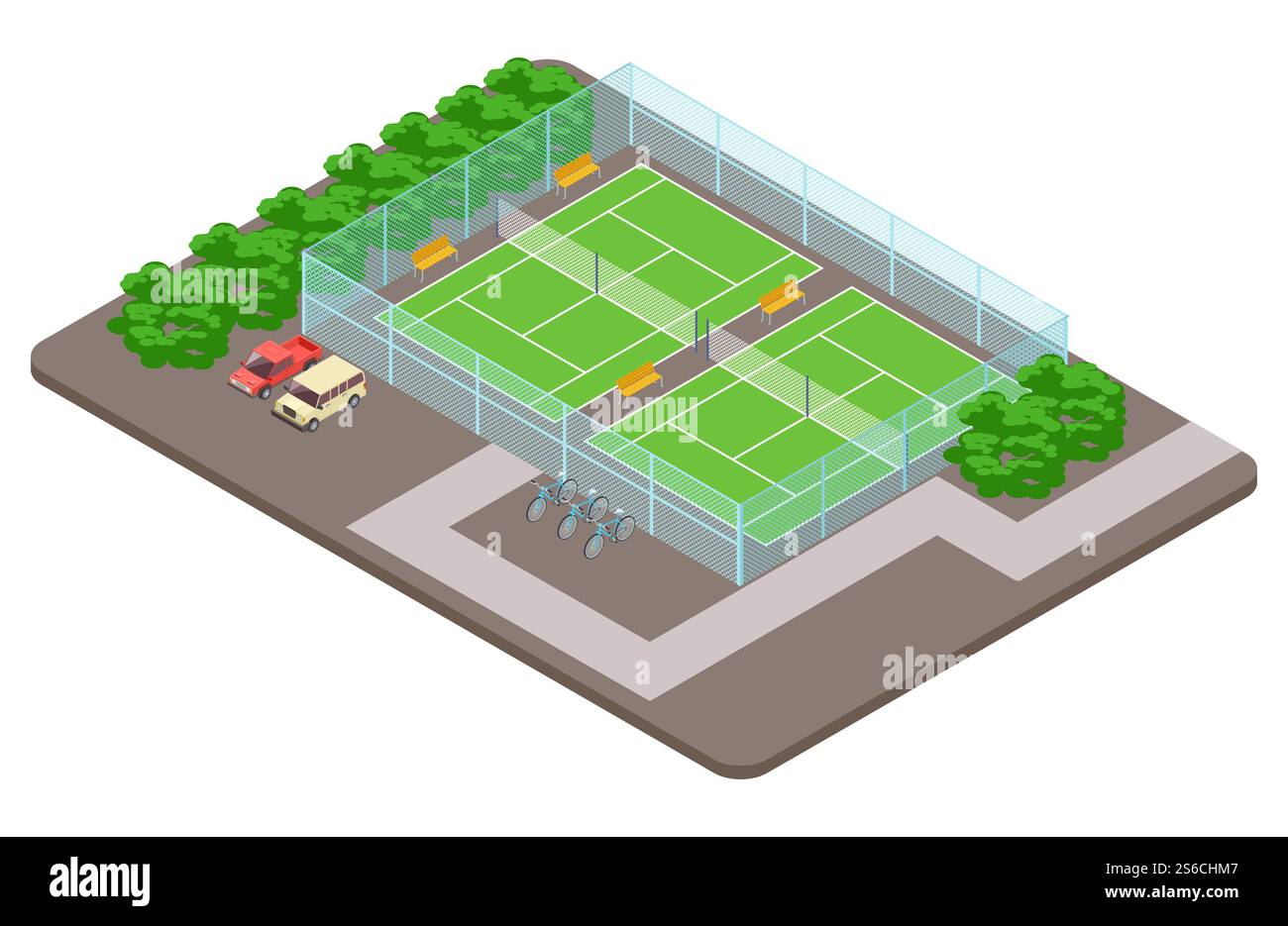 Tennis club playgrounds with parking isometric vector concept ...