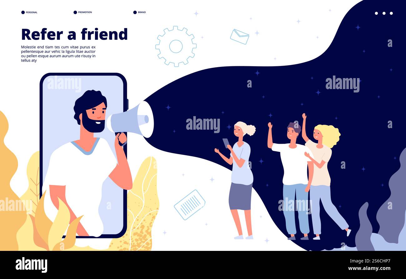 Refer a friend. People shouting on megaphone with refer a friend word ...
