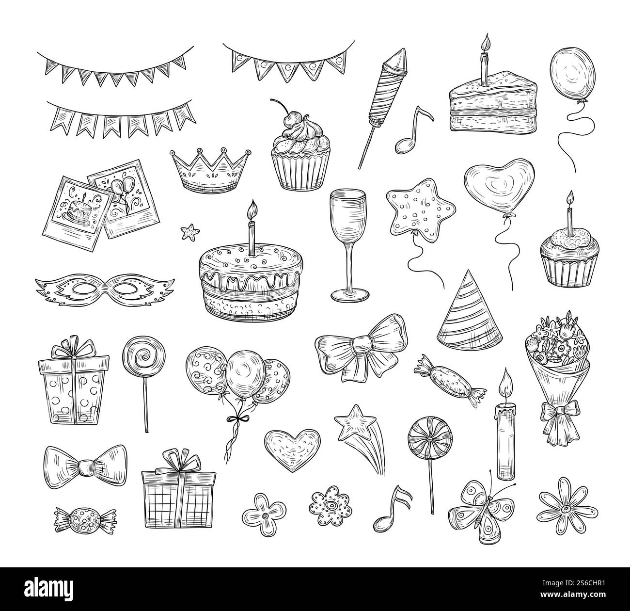 Birthday sketch. Happy birthday celebration party hand drawn items ...