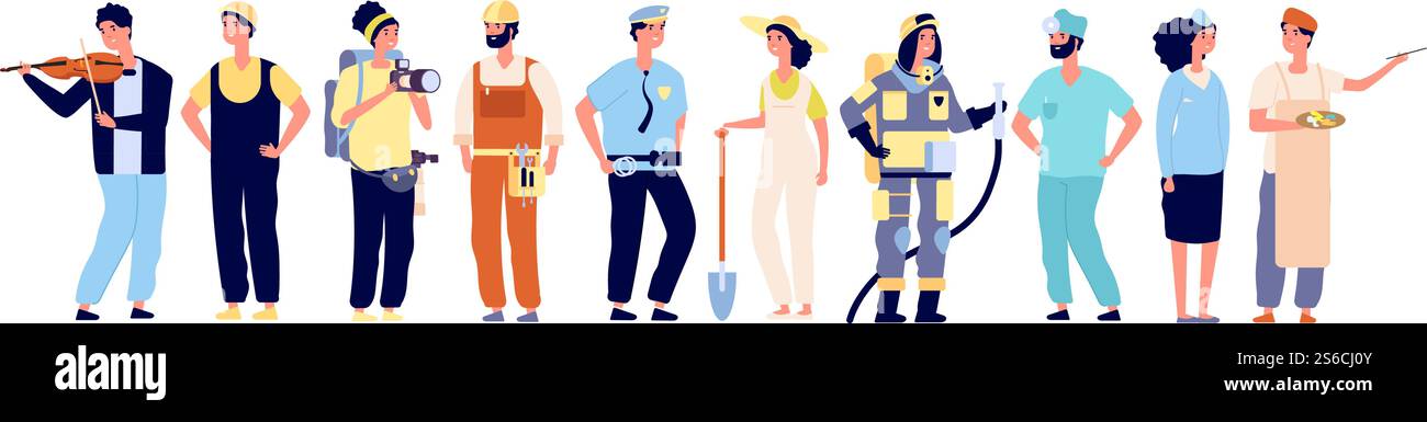 Different professionals. Policeman and fireman, doctor and stewardess ...