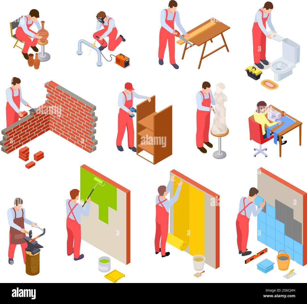 Craftsman isometric. Plumber blacksmith mason welder seamstress potter ...