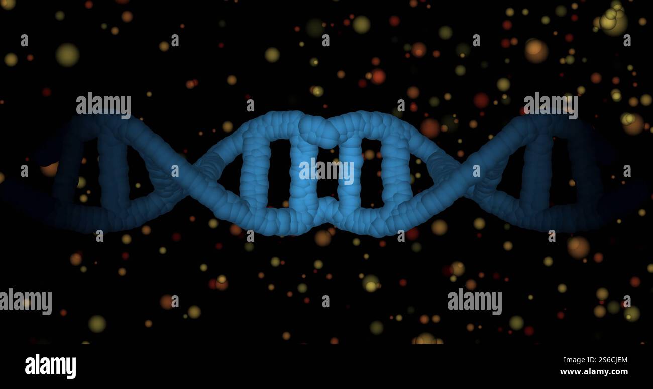 Image of dna strand spinning over glowing spots on dark background ...