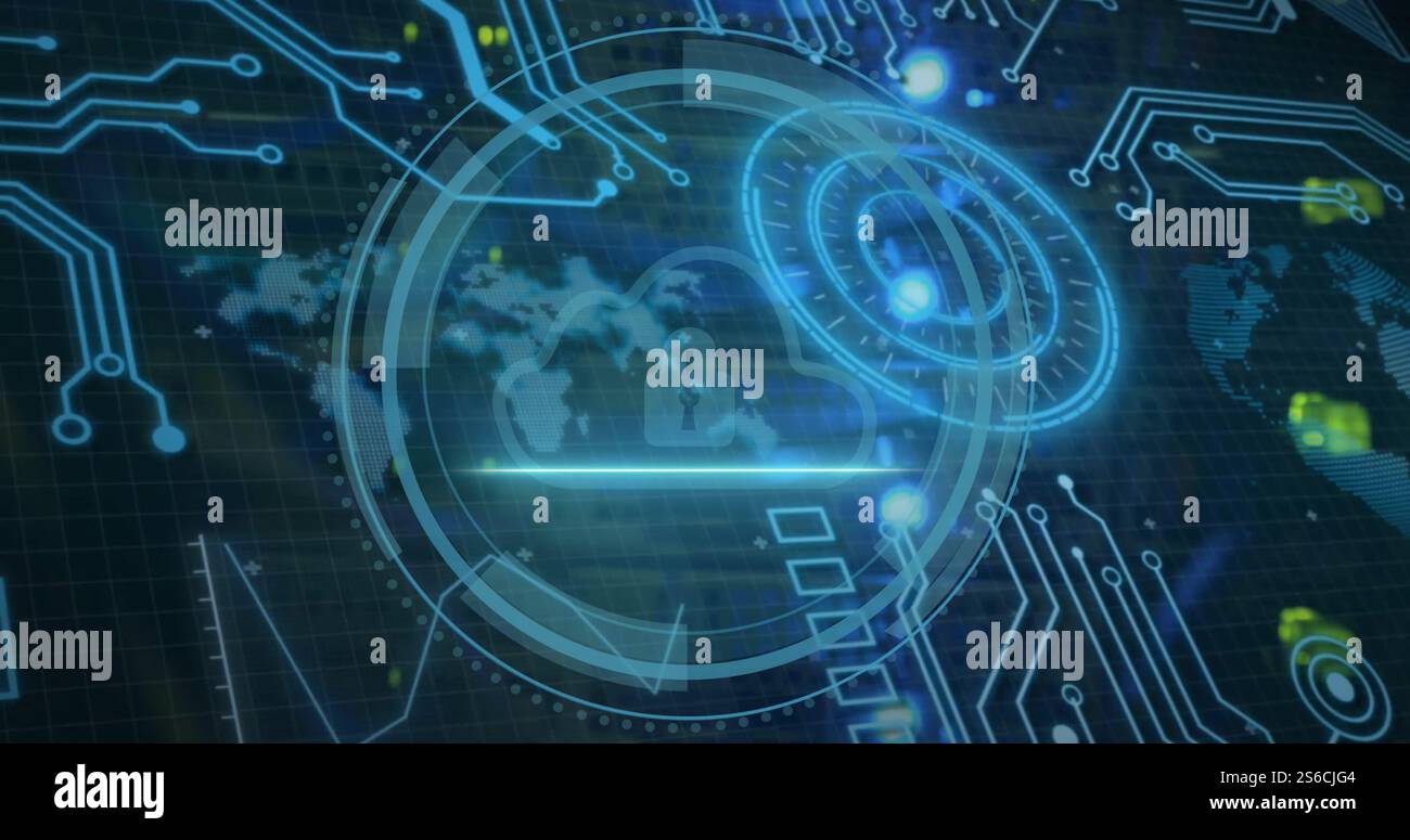 Image Of Computer Circuit Board And Scope Scanning Over Cyber Security With Padlock Icon Stock