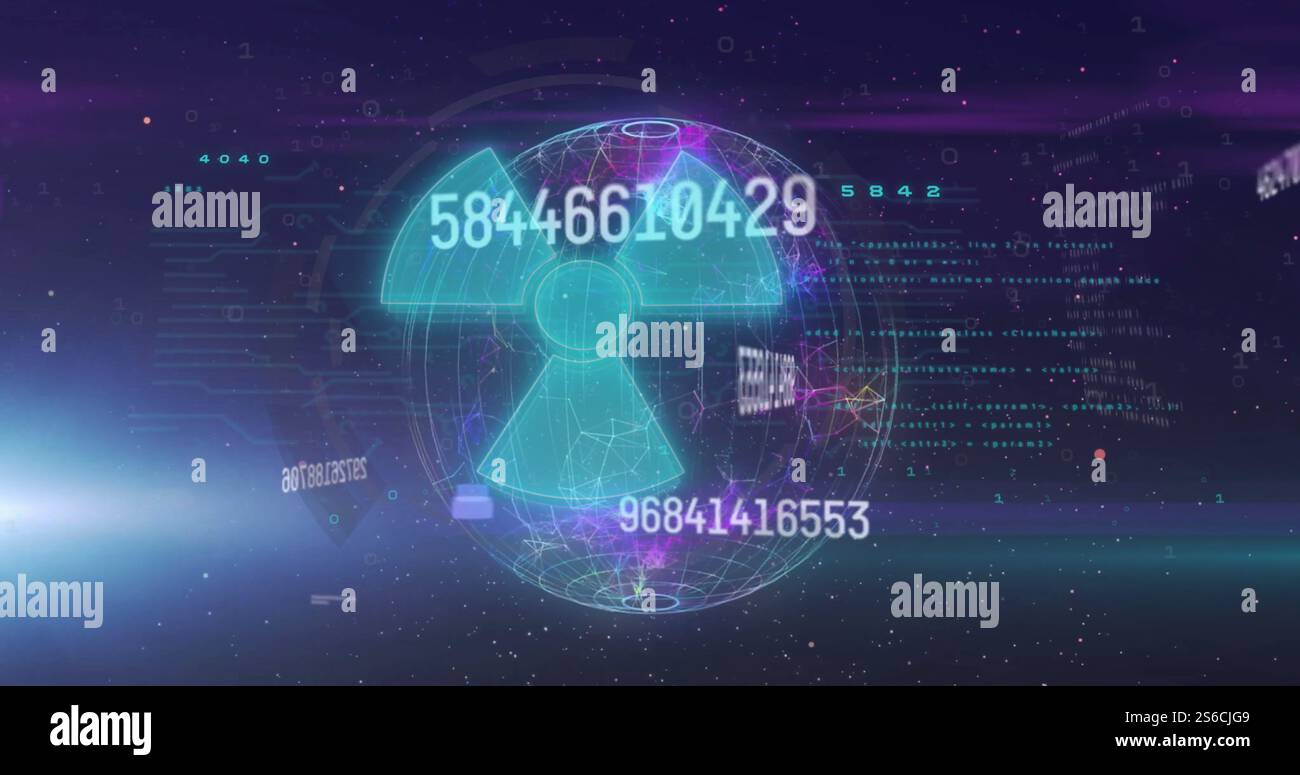 Image of data processing and radiation warning sign over globe on black background Stock Photo ...