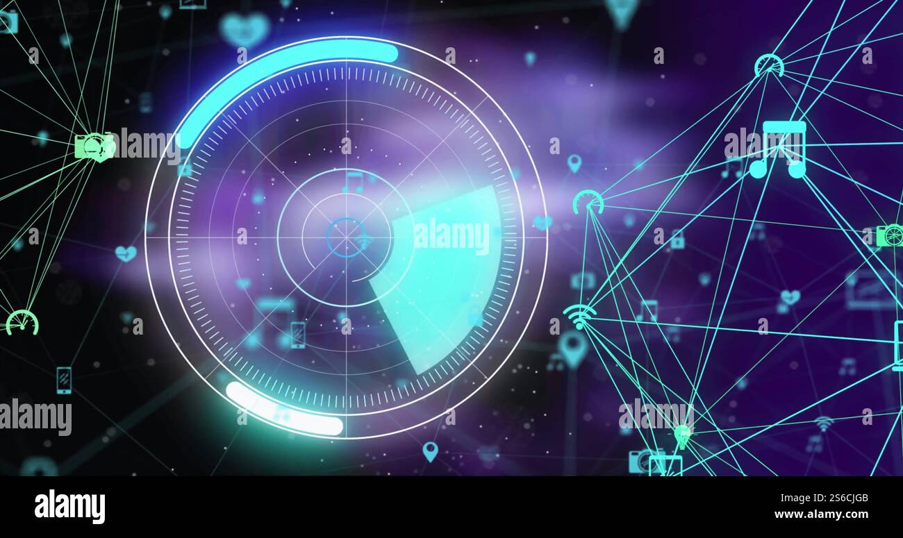 Image of network of connections with icons over scope scanning on black background Stock Photo ...