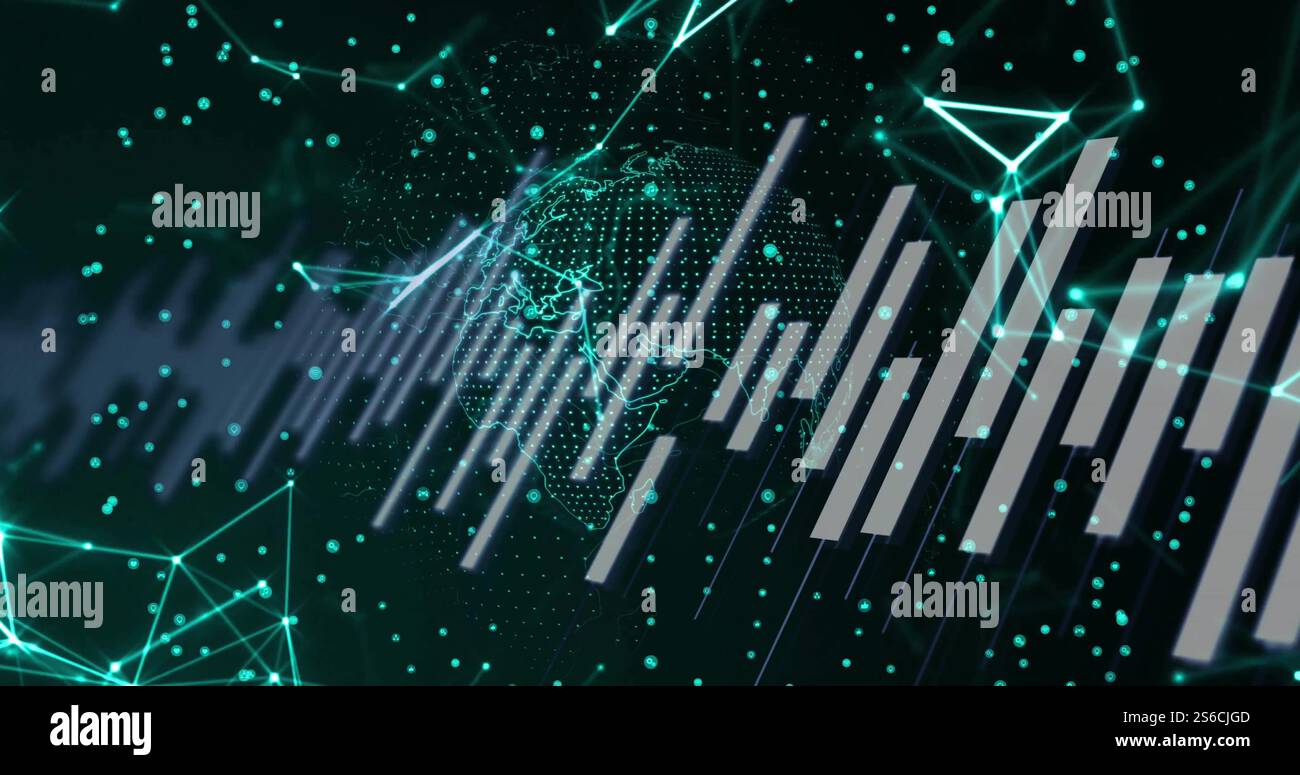 Image of network of connections and moving columns over globe on black ...