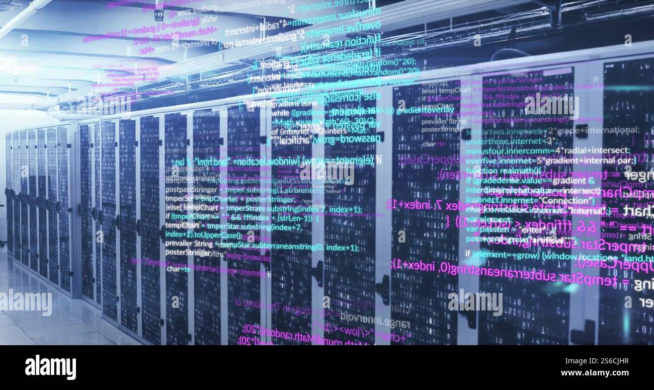 Image of layers of blue, pink and white text data processing over server room Stock Photo - Alamy