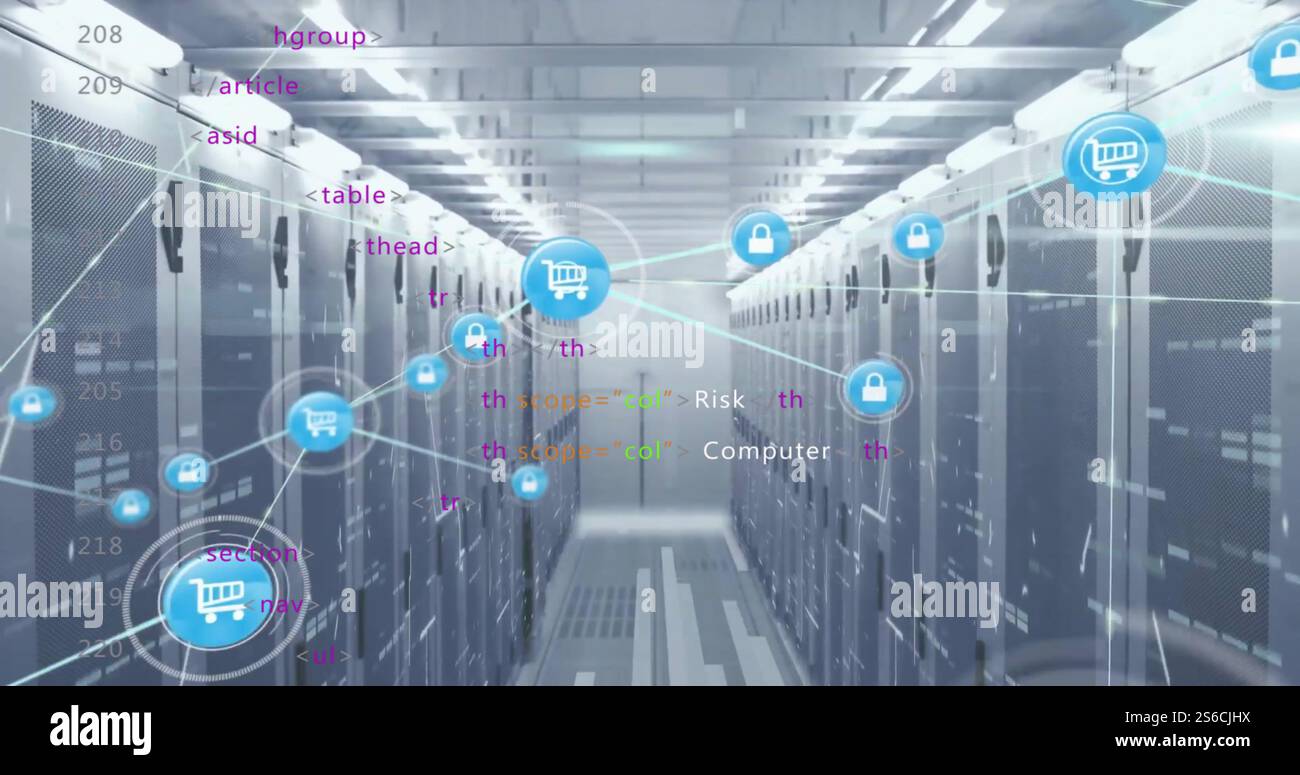 Image of network of shopping cart and padlock icons with data ...