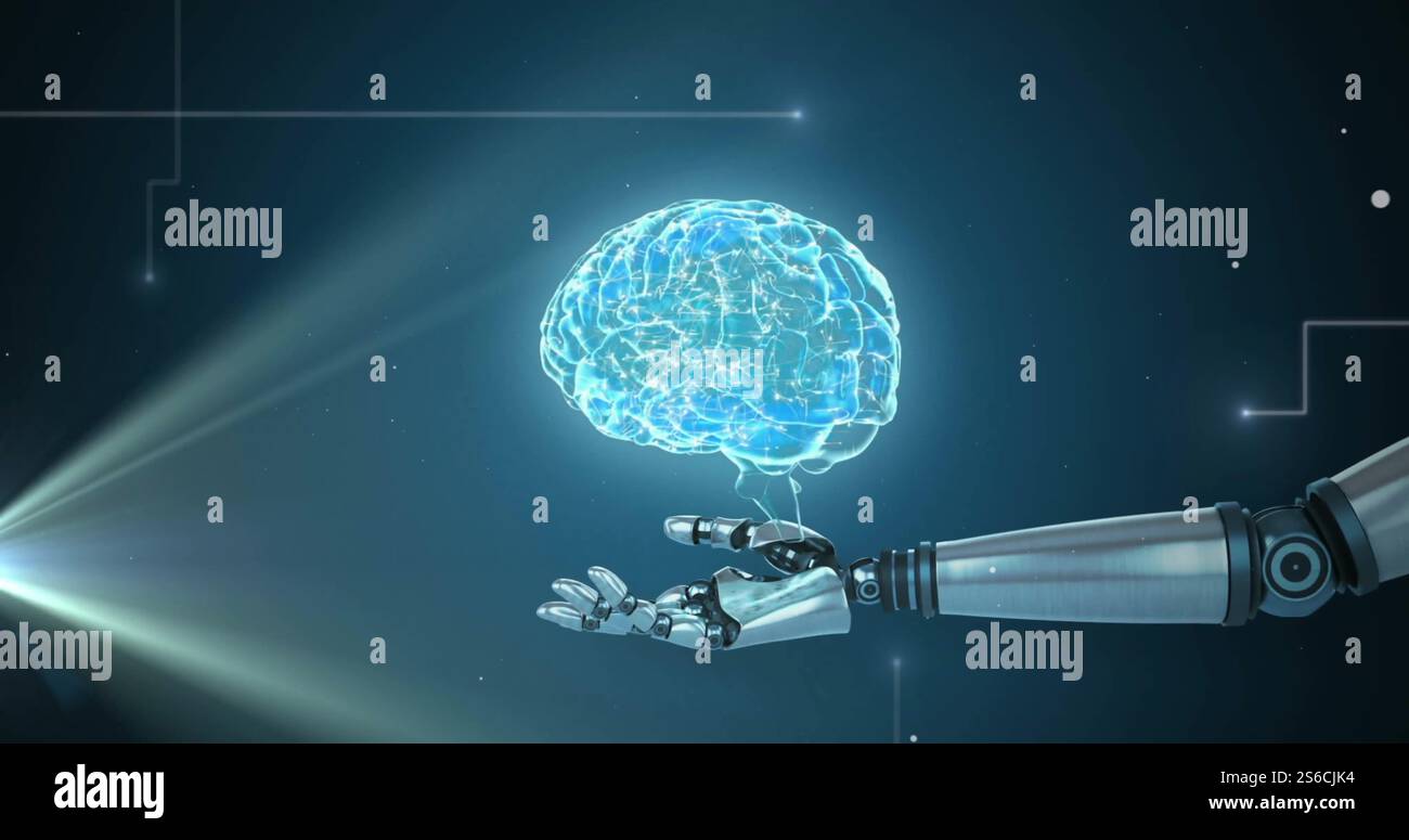 Image of spinning brain and robotic hand over light spots Stock Photo ...