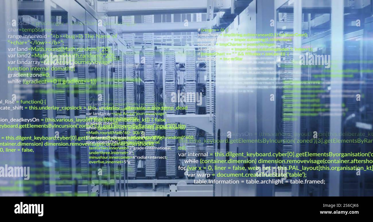 Image of layers of yellow and white text data processing over server room Stock Photo - Alamy