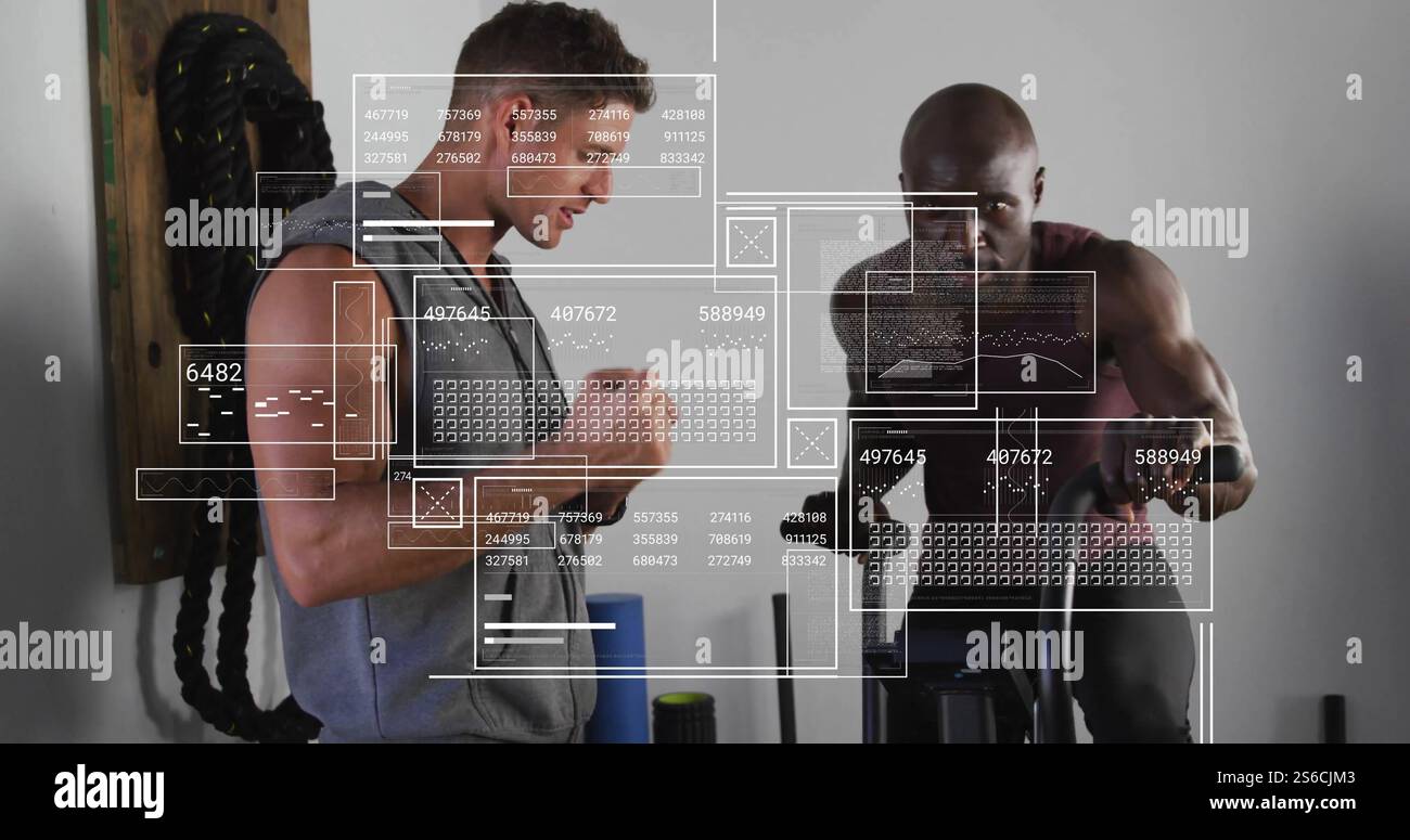 Image of data processing and diagrams over diverse men exercising at ...