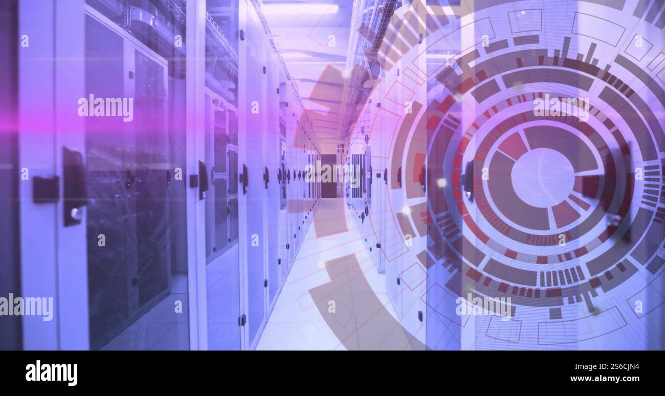 Image of layers of blue and pink light and circular scanner processing data over server room ...