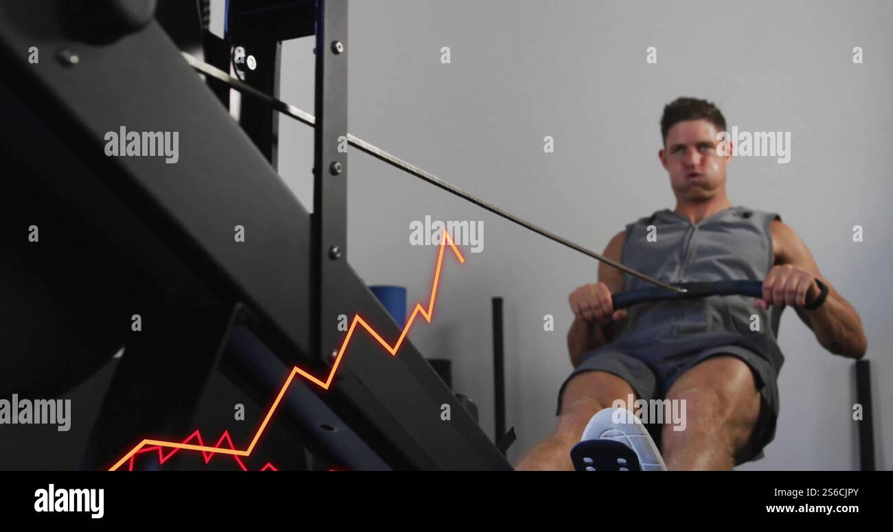 Image of data processing and diagrams over caucasian man using rowing ...