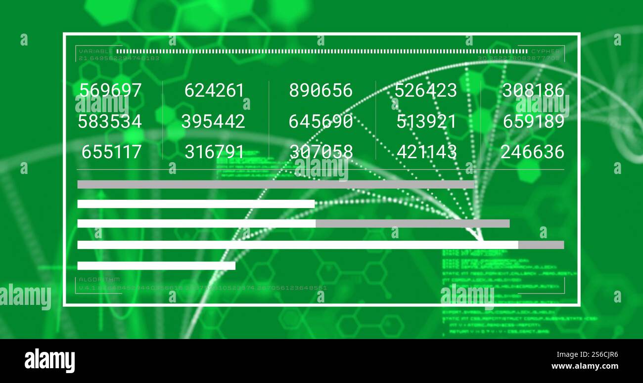 Image of dna strand and chemical formula over data processing Stock ...